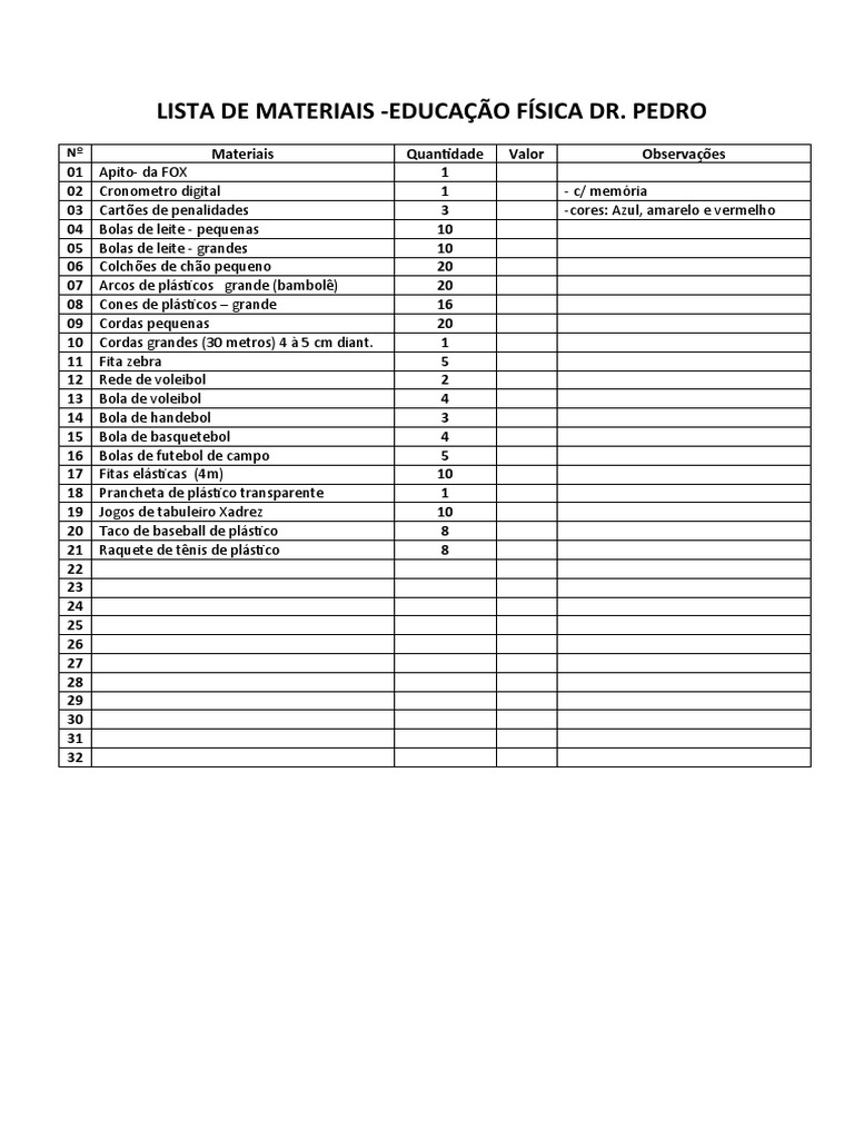 Lista de Materiais Ed Física-2 | PDF