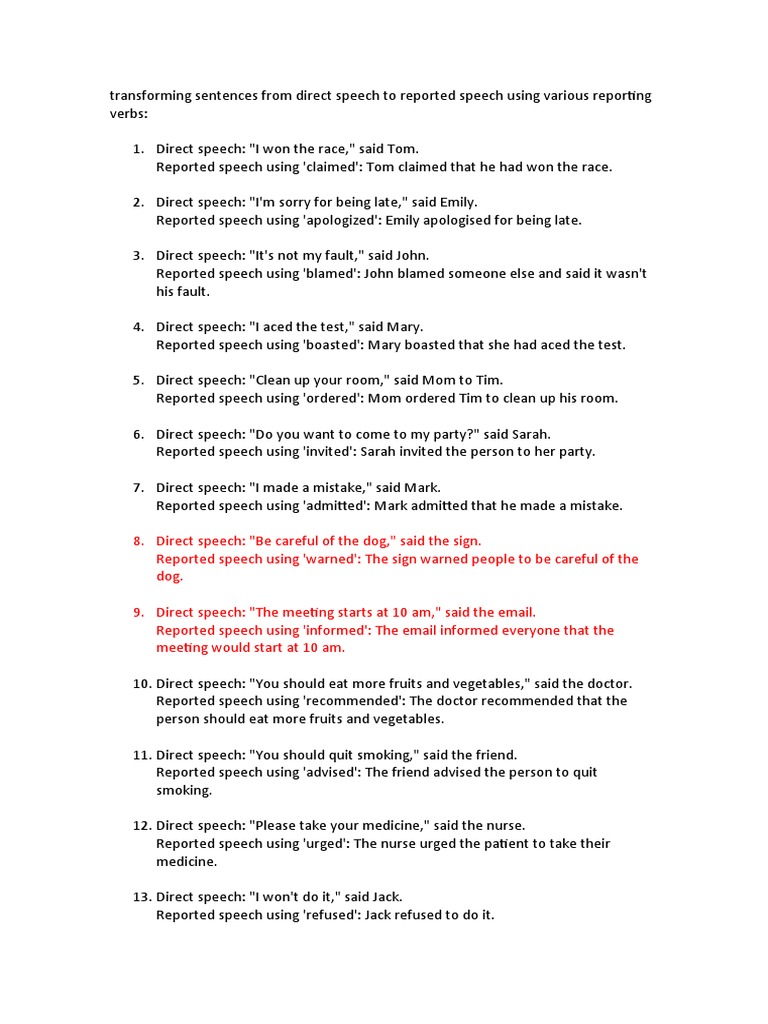 Reported Speech With Reporting Verbs | PDF