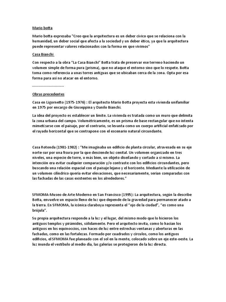 Mario Botta Posicionamiento Teorico | PDF