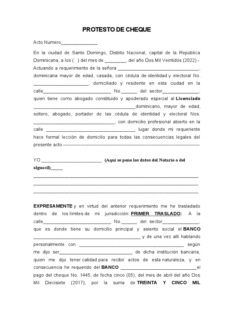 ACTO DE PROTESTO DE CHEQUE. MODELO. | PDF | Cheque | Bancos