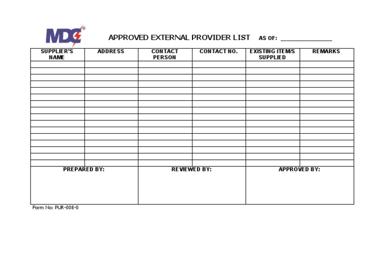 Form No. PUR-008-0 - Approved External Provider List - 1669333064 | PDF