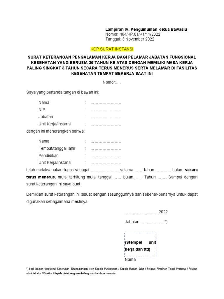 Lampiran Iv - Format Surat Keterangan Pengalaman Kerja Dengan Usia 35 Tahun Dan Masa Kerja ...