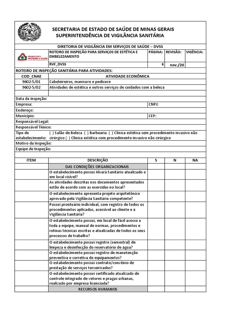 Roteiro de Inspeção - CNAE 9602-5.01 e .02 - Serviços de estética | PDF ...