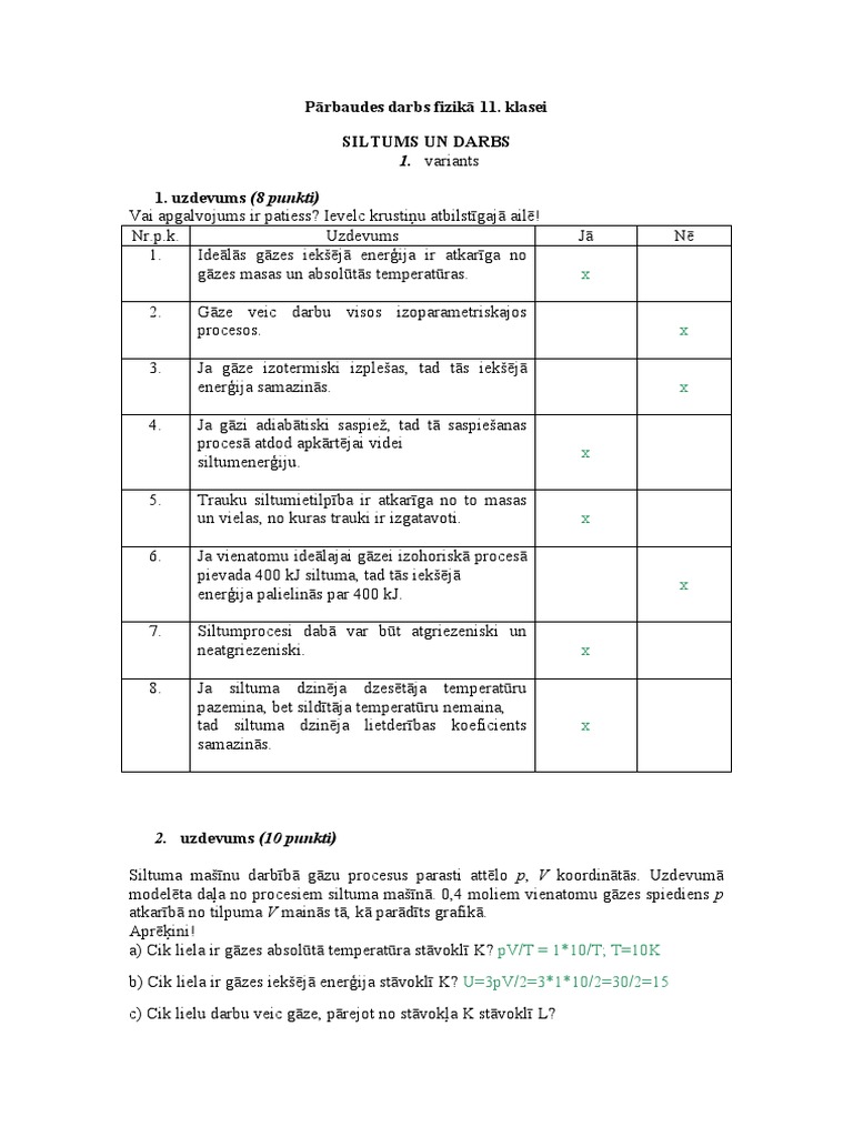 Variants: Pārbaudes Darbs Fizikā 11. Klasei Siltums Un Darbs 1 ...