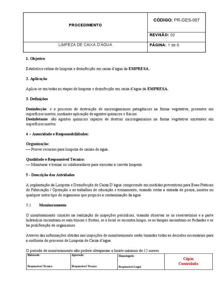 PGQ-AMB-007 Limpeza de Caixa D Agua - Rev 00 | Download grátis PDF ...