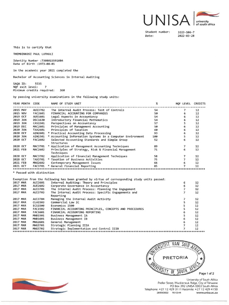 BCompt - UNISA Statement Results - Academic Records - 2022 PDF | PDF