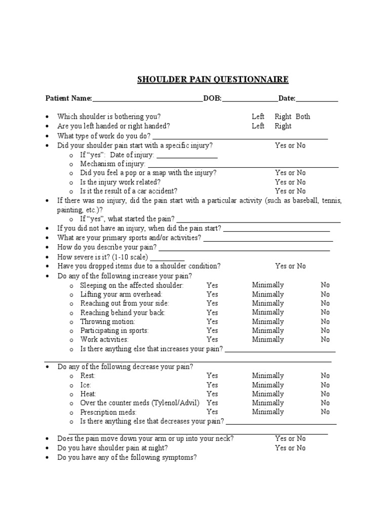 Orthopaedic Associates Zanesville Shoulder Pain Questionaire | PDF ...