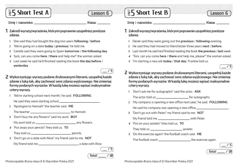 Brainy kl8 Short Tests Unit 5 Lesson 3 PDF | PDF