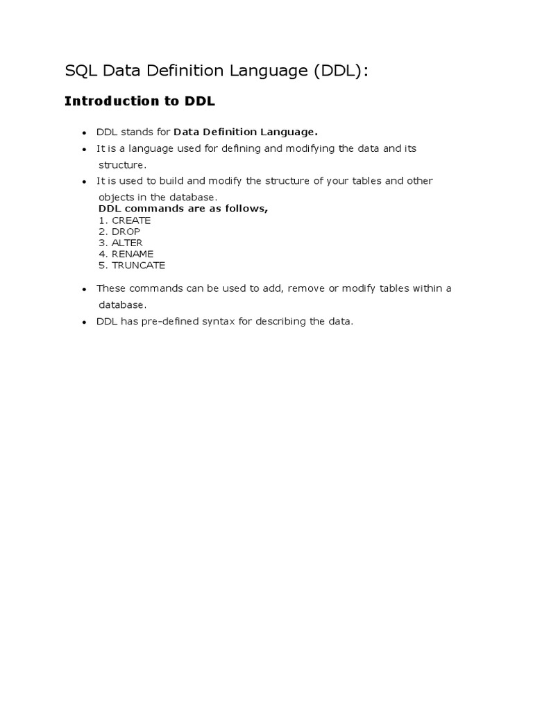 SQL Data Definition Language PDF | PDF | Computer Science | Data Model SQL Data Definition Language PDF | PDF | Computer Science | Data Model