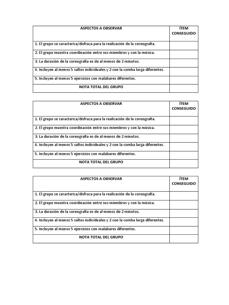 Lista de Control Coreografía Combas y Malabres | PDF