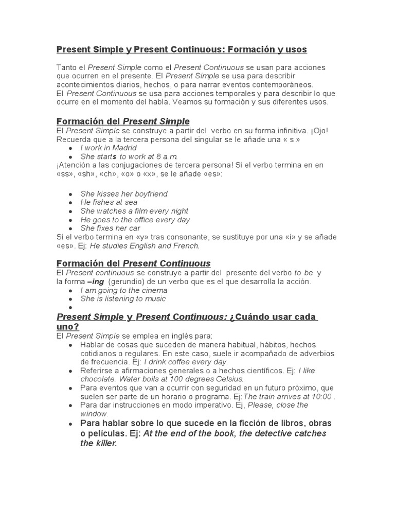 Guía del Present Simple y Continuous | PDF | Lingüística | Relaciones sintácticas