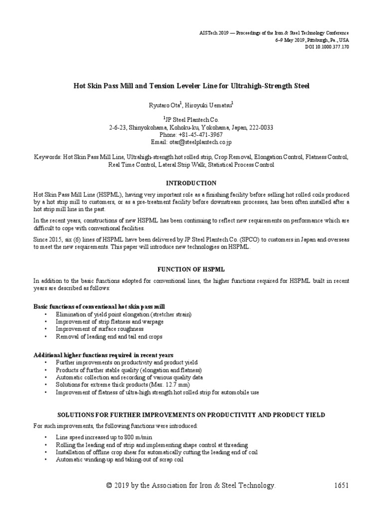 Hot Skin Pass Mill and Tension Leveler Line for Ultrahigh-Strength ...