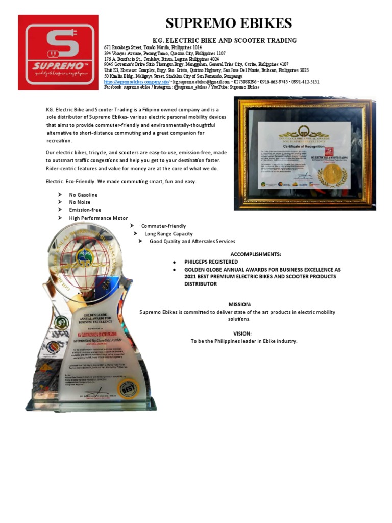 Company Profile Supremo Ebikes | PDF | Philippines | Transport