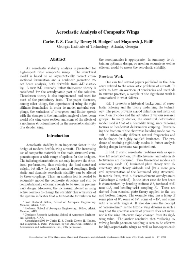 Aeroelastic Analysis Of Composite Wings Download Free Pdf Beam
