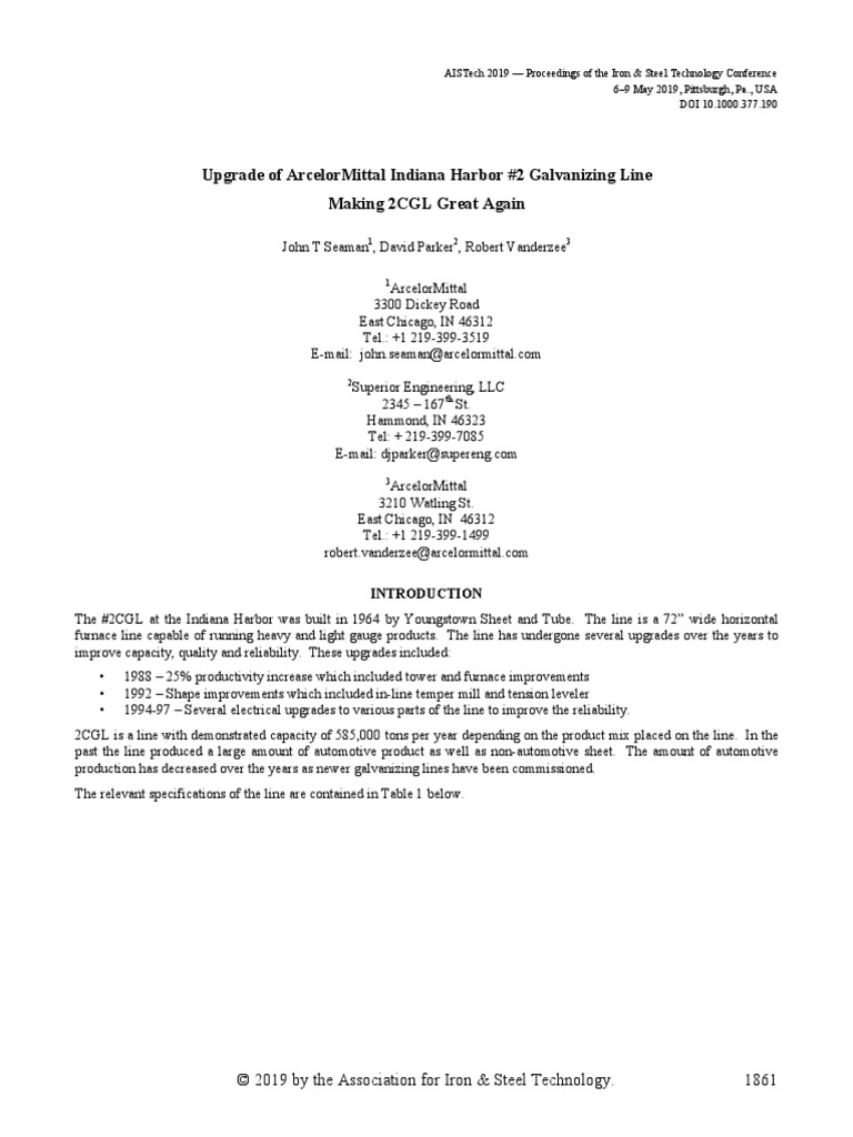 Upgrade of ArcelorMittal Indiana Harbor #2 Galvanizing Line Making 2CGL ...