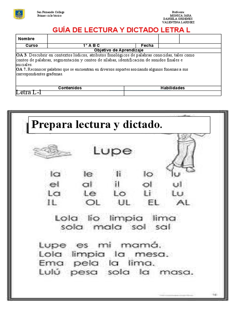Guía de Dictado y Lectura: Letra L | PDF