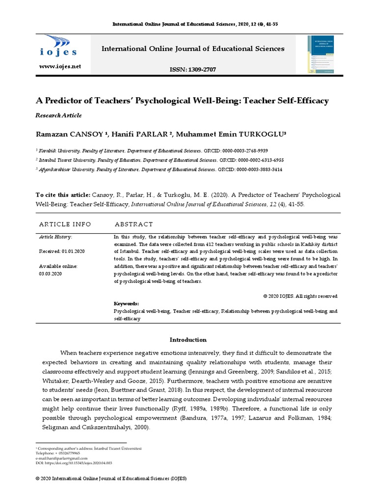 A Predictor of Teachers' Psychological Well-Being: Teacher Self-Efficacy PDF | PDF | Self ...