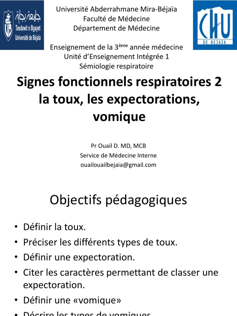 2 Signes Fonctionnels Respirtoires (2) Toux Expectorations Vomiques ...