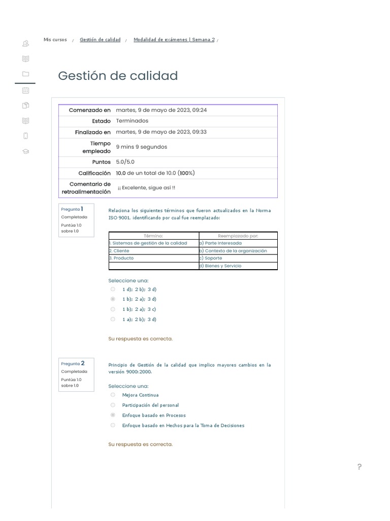 Modalidad de exámenes _ Semana 2_ Revisión del intento gESTION DE CALIDAD SEMANA 2 | PDF ...