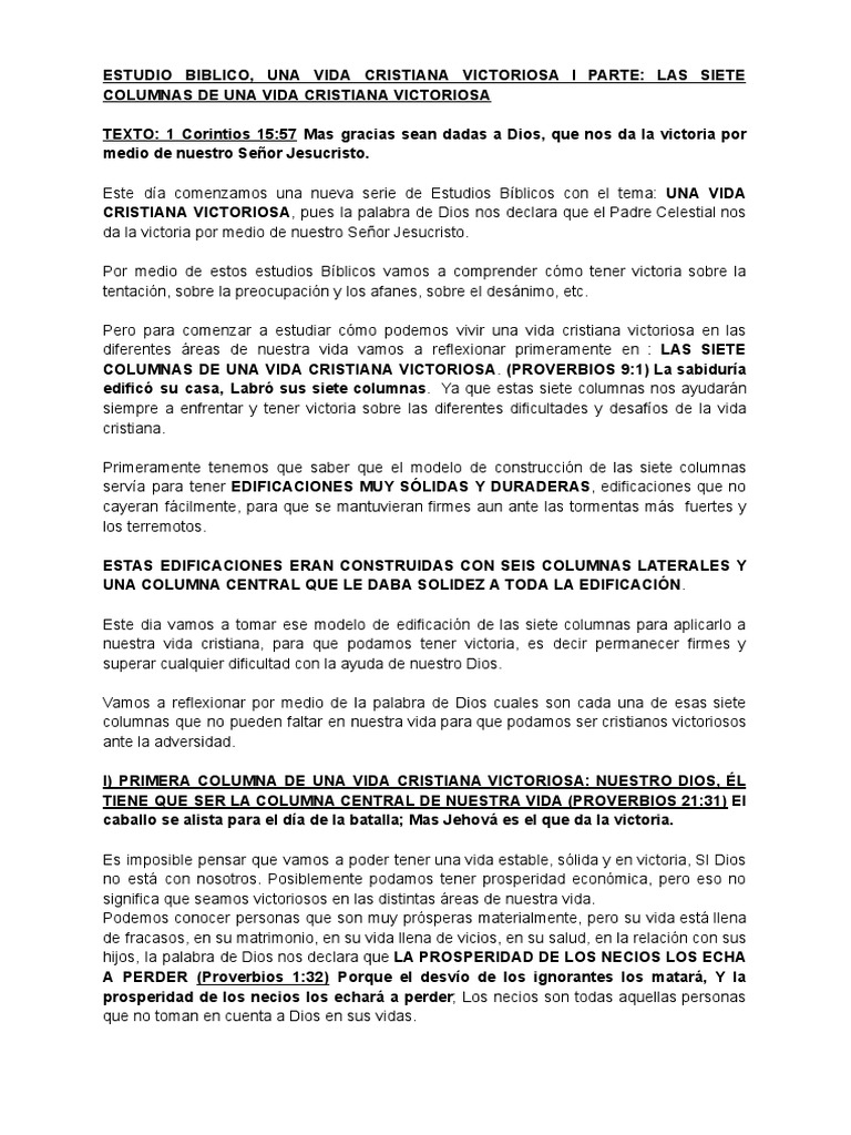 Estudio Biblico Una Vida Cristiana Victoriosa I Parte - Las Siete Columnas de Una Vida Cristiana ...