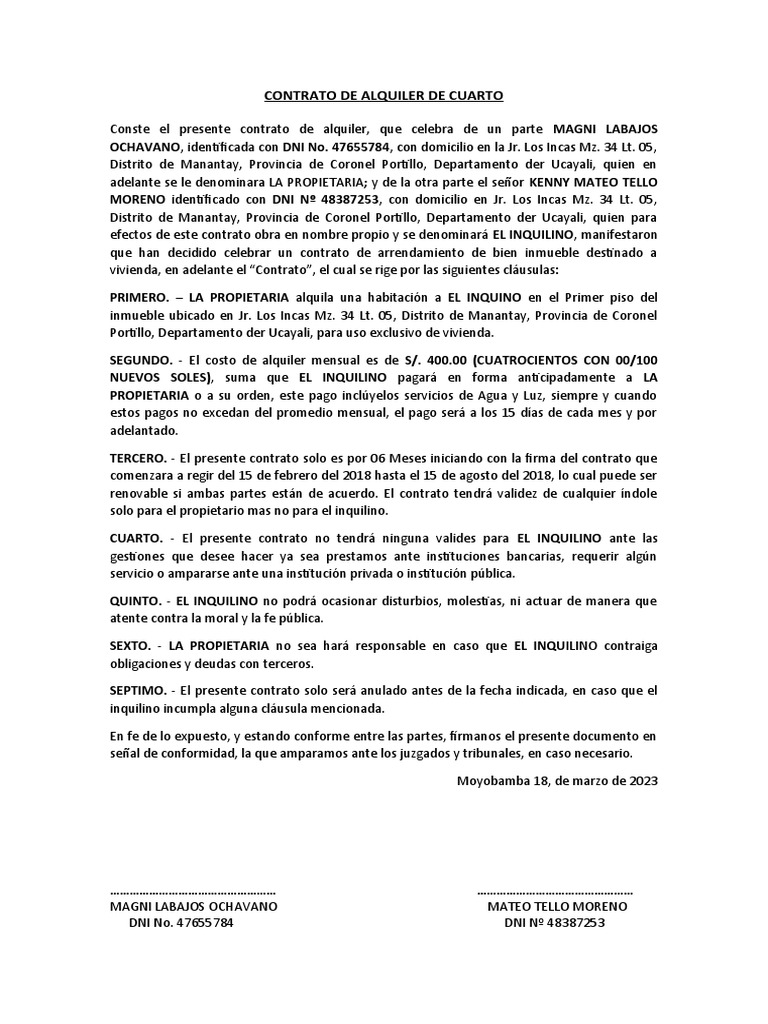 Contrato de Alquiler de Cuarto | PDF
