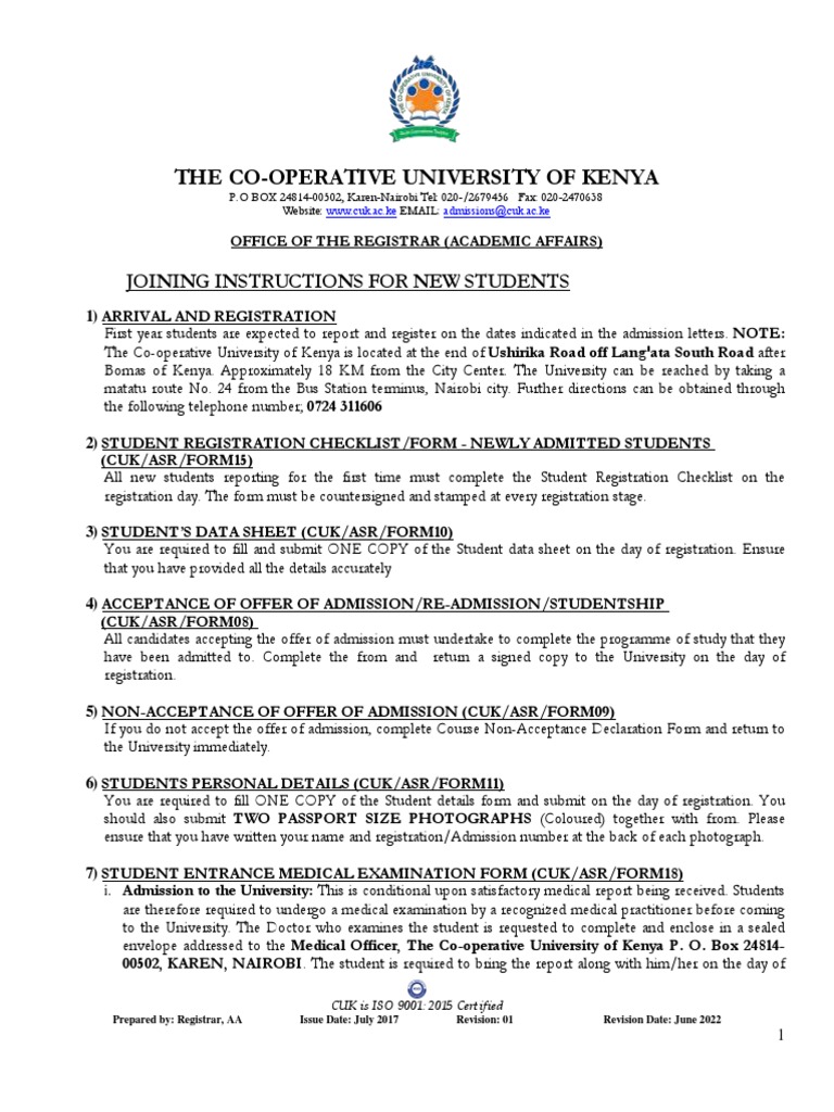 CUK New Student Joining Instructions | PDF