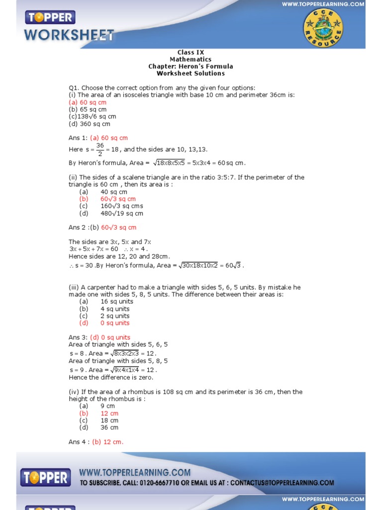 IX Math Ch7 Herons Formula Worksheet Solutions 0 | PDF | Triangle ...