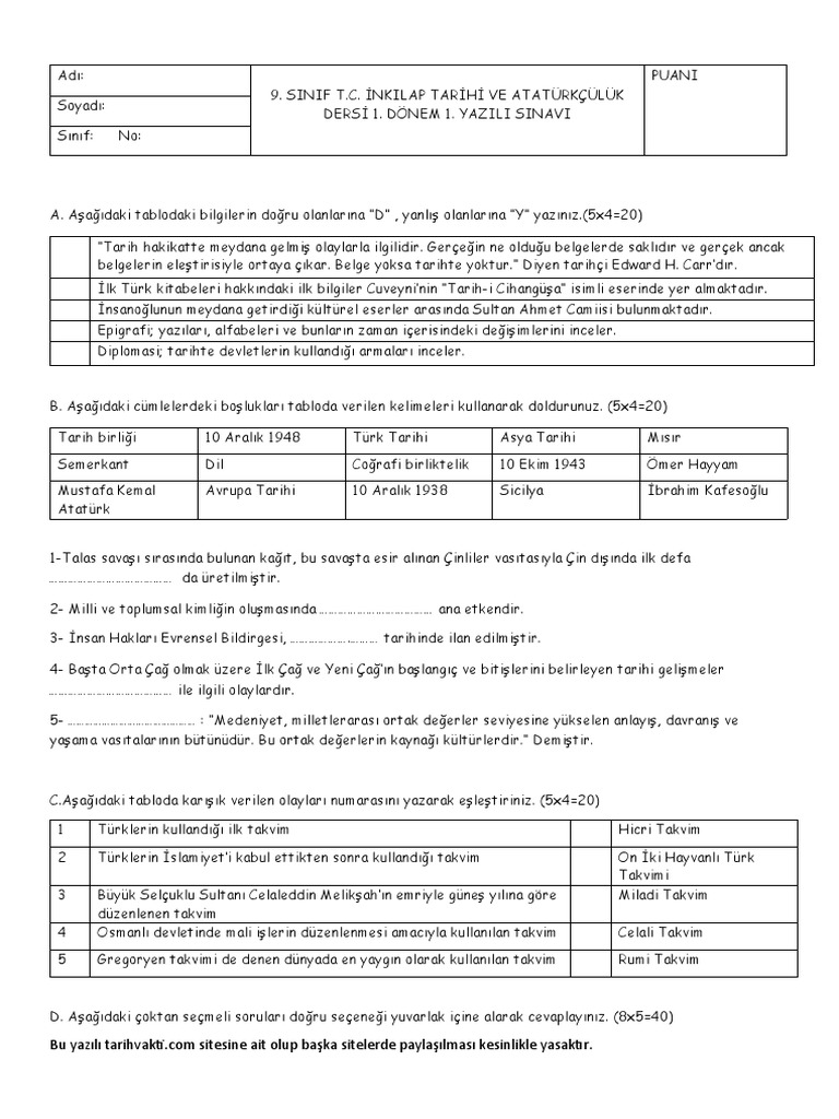 9-Sinif-Tarih-Dersi-1-Donem-1-Yazili-Sorulari.docx | PDF