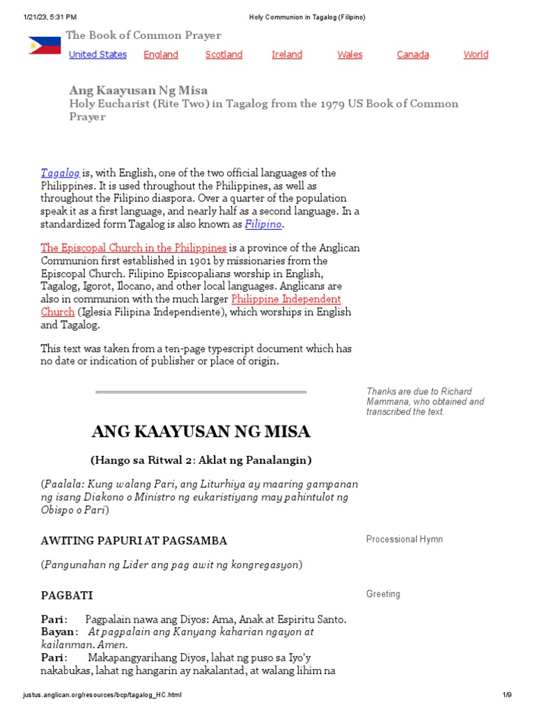AD ORIENTEM - Holy Communion in Tagalog (Filipino) | PDF
