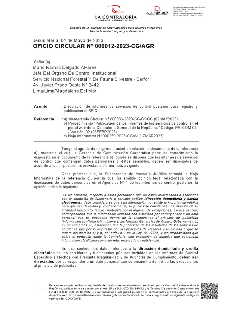 Oficio Circular 000012-2023-Cg-Agr - Exp. 2023-0018695 | PDF | Gobierno