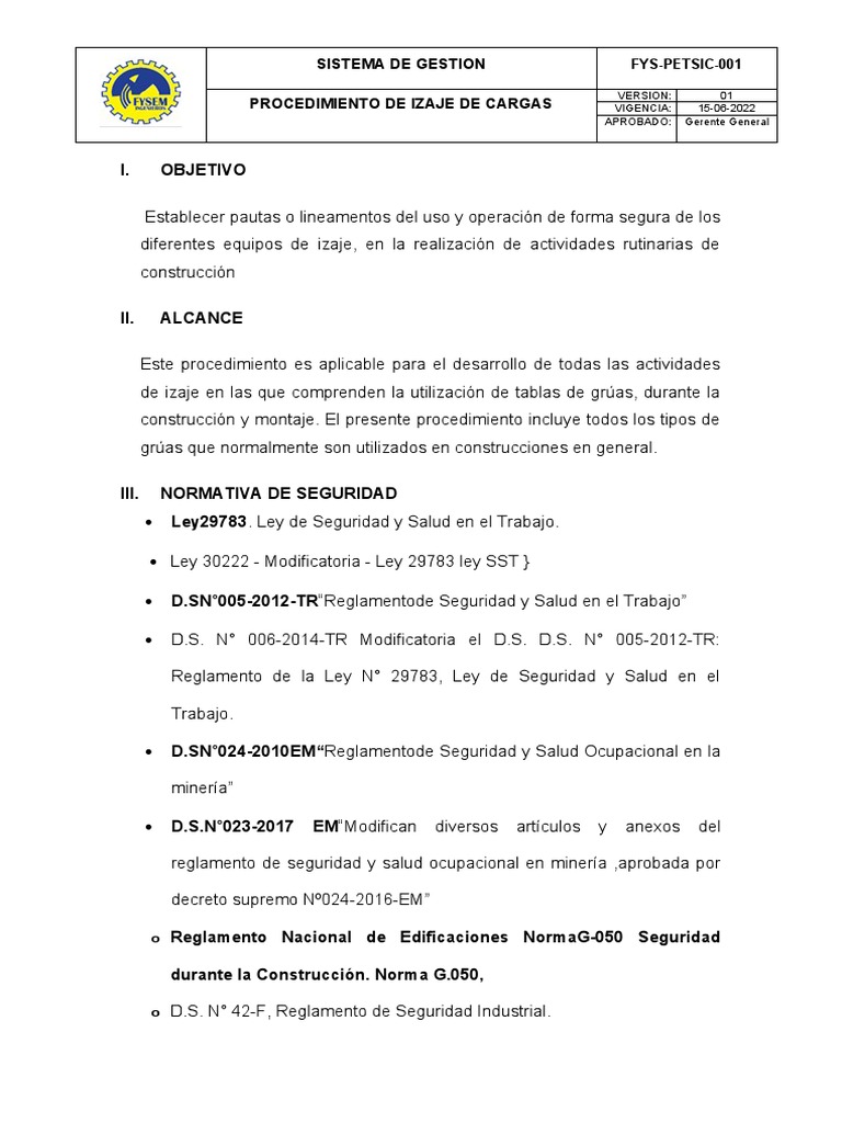 Procedimiento de Izaje de Carga - Fysem - 2022 | PDF | Grúa (máquina ...