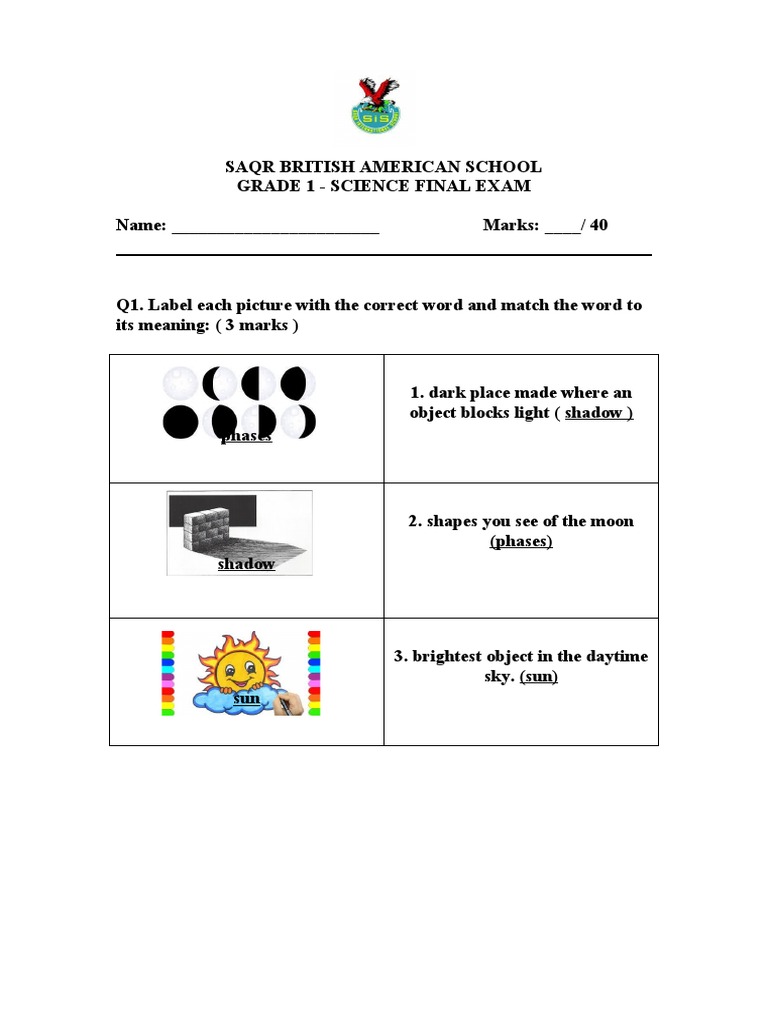 Grade 1 Science Final Exam 2nd Copy With Answers | PDF | Water | Plants