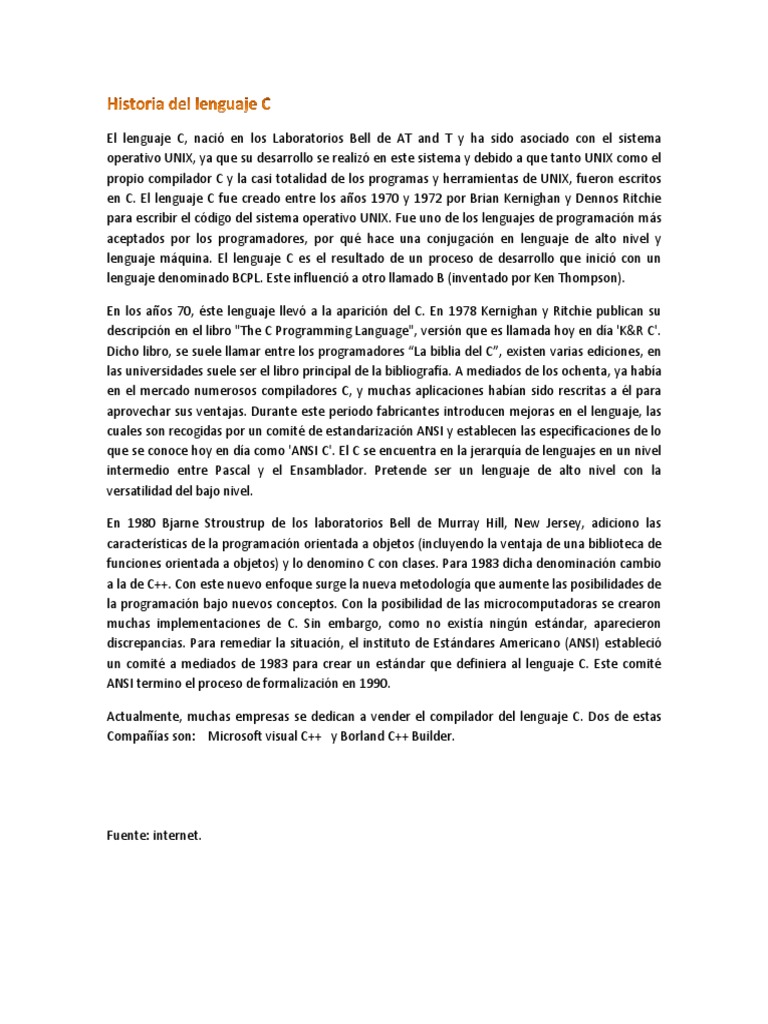 Historia Del C. | PDF | C (lenguaje de programación) | Unix