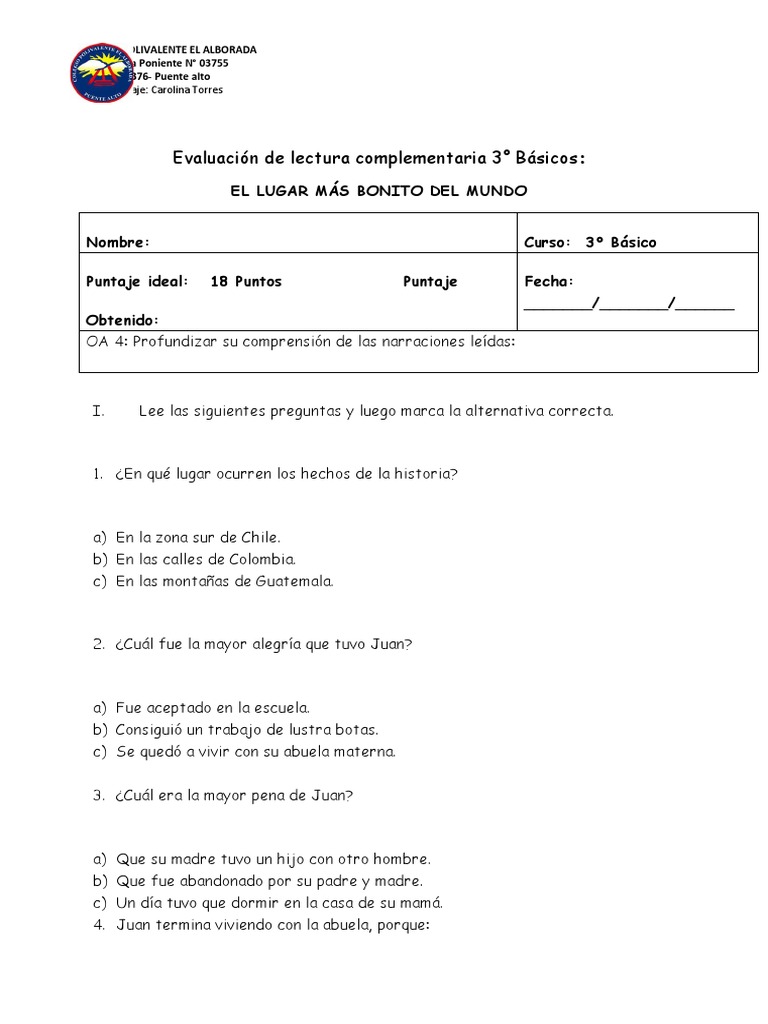 Prueba El Lugar Más Bonito Del Mundo Con Respuestas | PDF