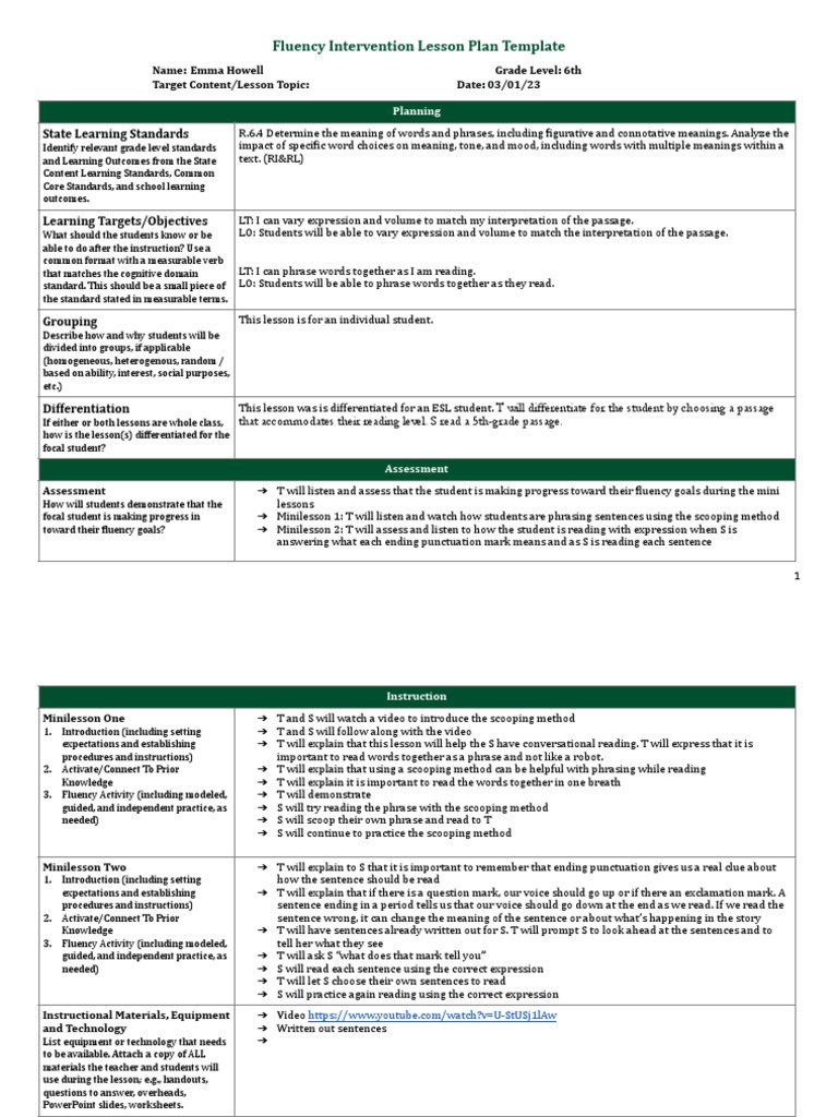Assessing and Teaching Fluency Mini Lesson Template Pdf-Merged | PDF ...