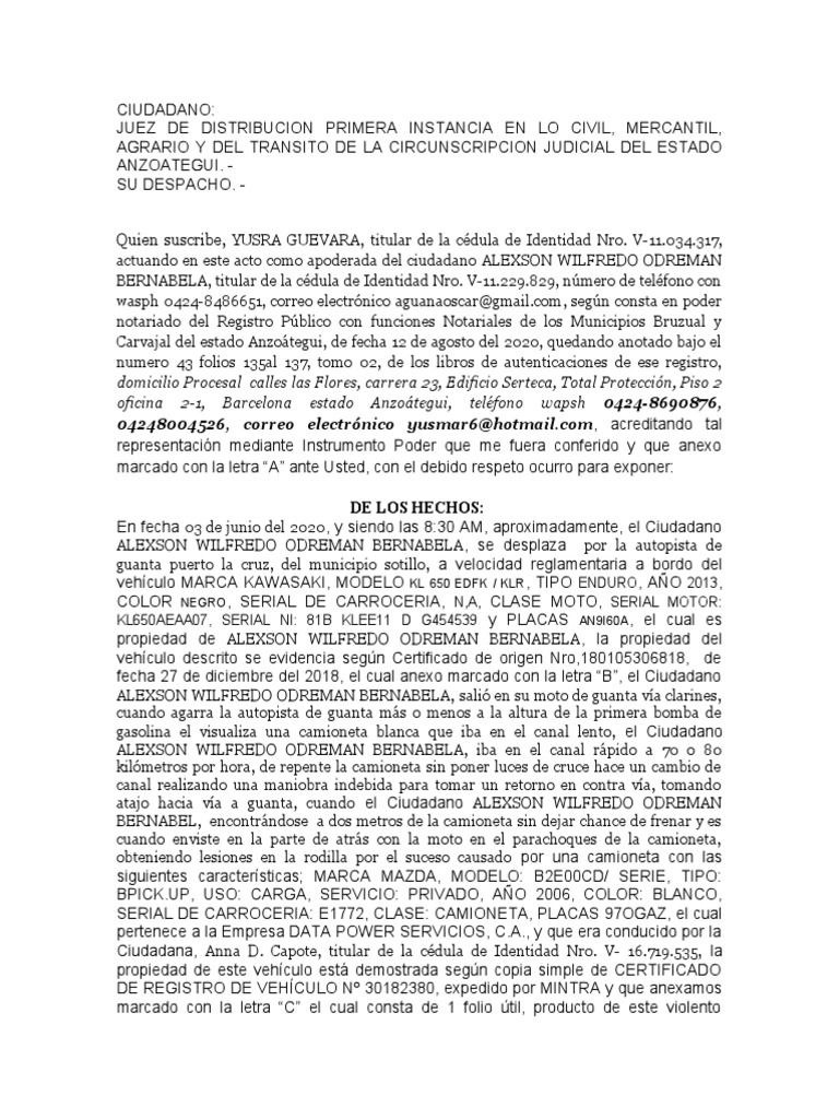 Modelo de Demanda Civil Transito | PDF | Daños y perjuicios | Rodilla