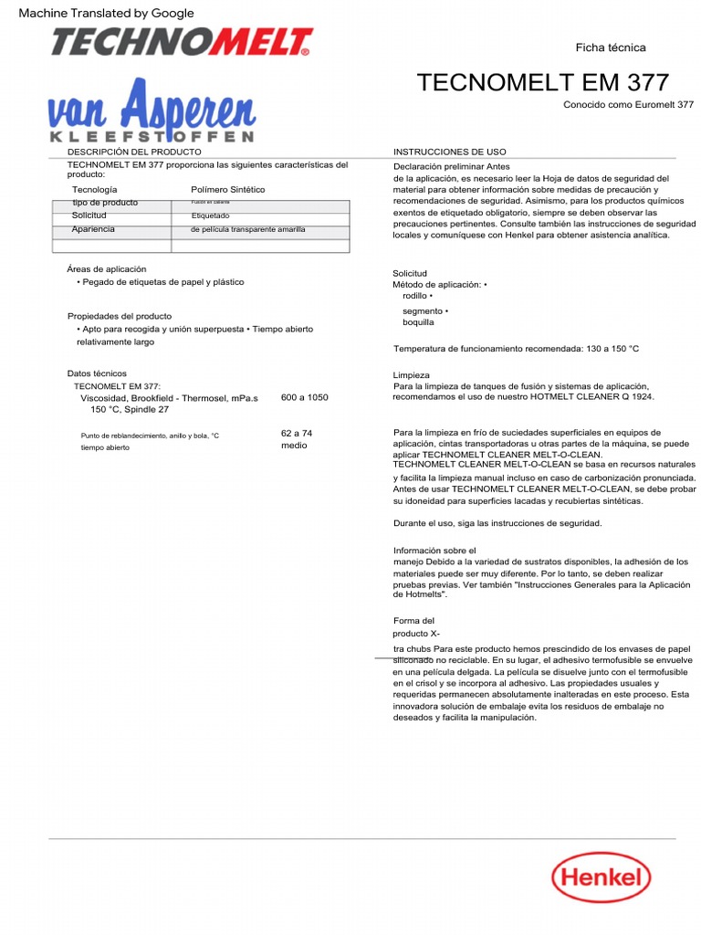 TECHNOMELT EM 377 Known As Euromelt 377 (EN) PDF | PDF | Patentar | Marca comercial