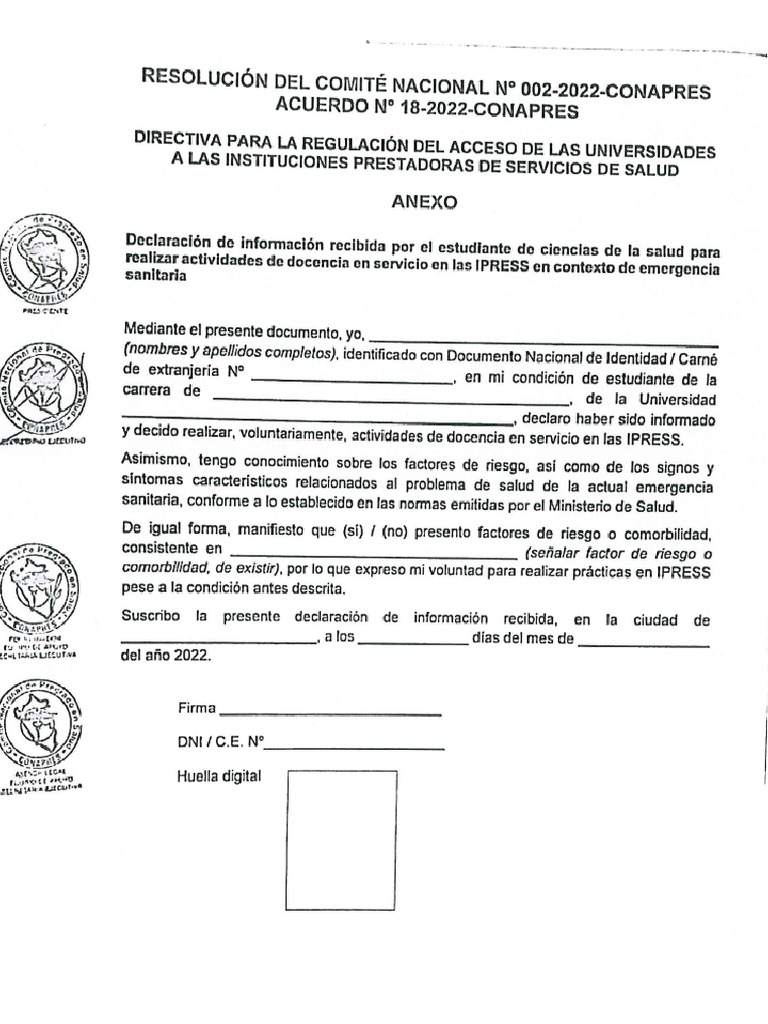 Declaración de Información Recibida Por El Estudiante de Ciencias de La ...