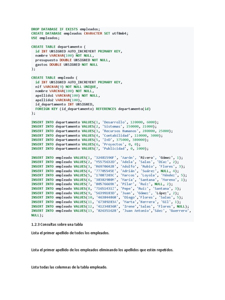 Consultas SQL para Gestión de Empleados | PDF | Presupuesto | Datos