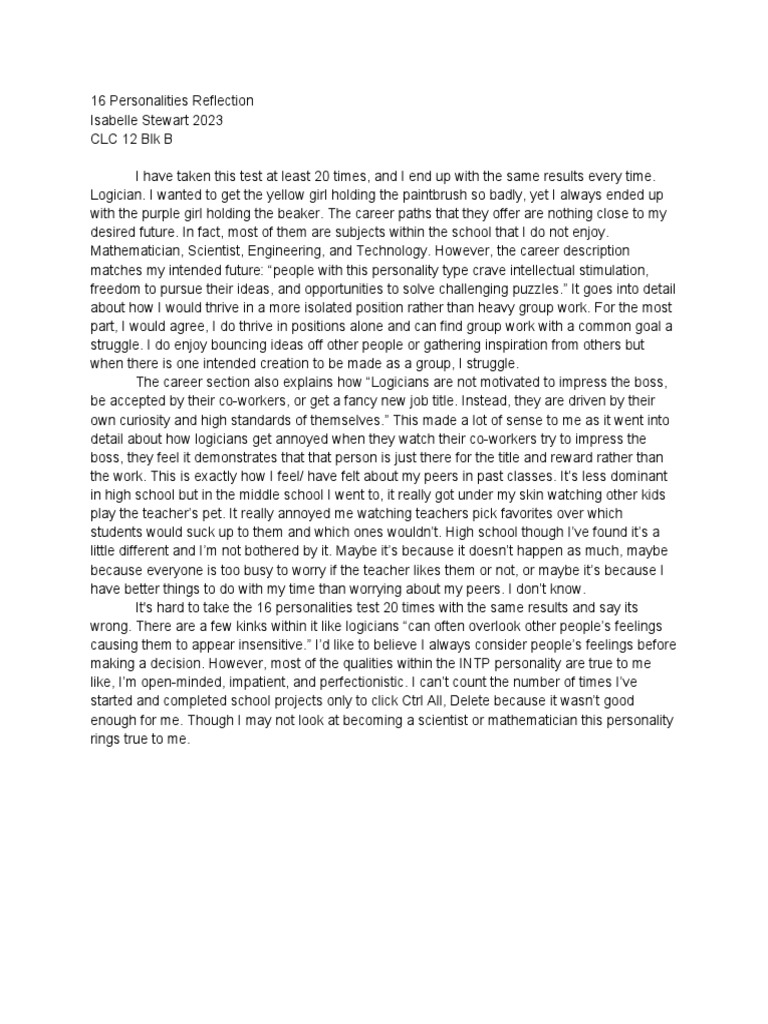 16 Personalities Reflection CLC 12 | PDF | Cognition | Psychology