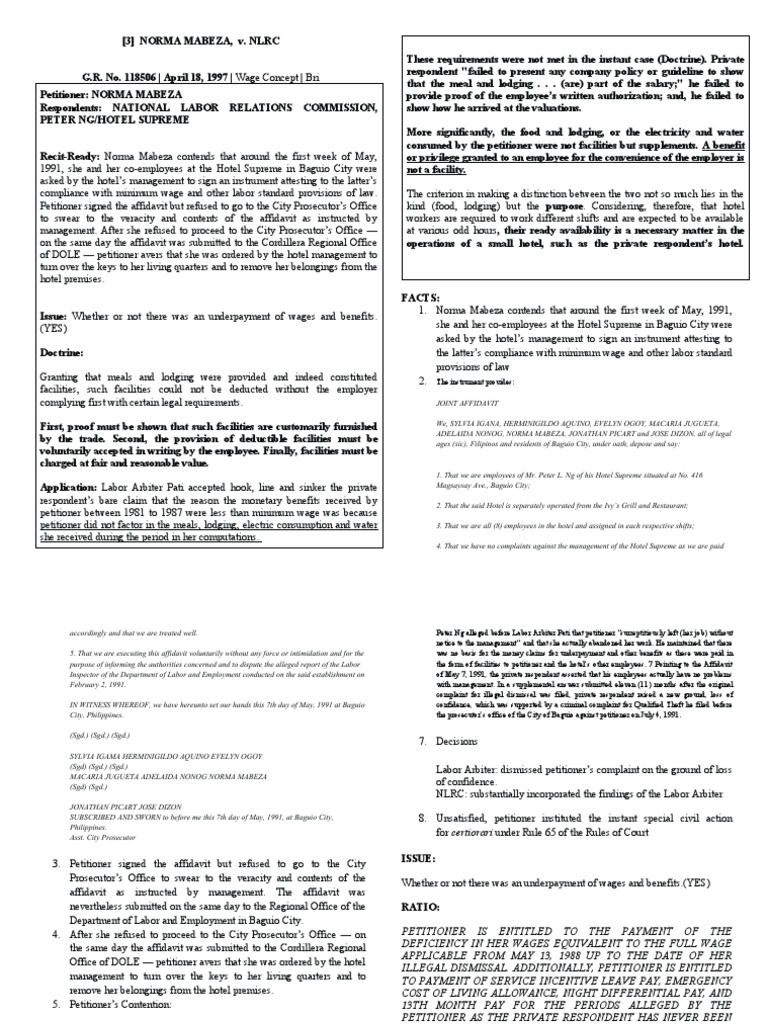 NORMA MABEZA, v. NLRC | PDF | Cost Of Living | Employment