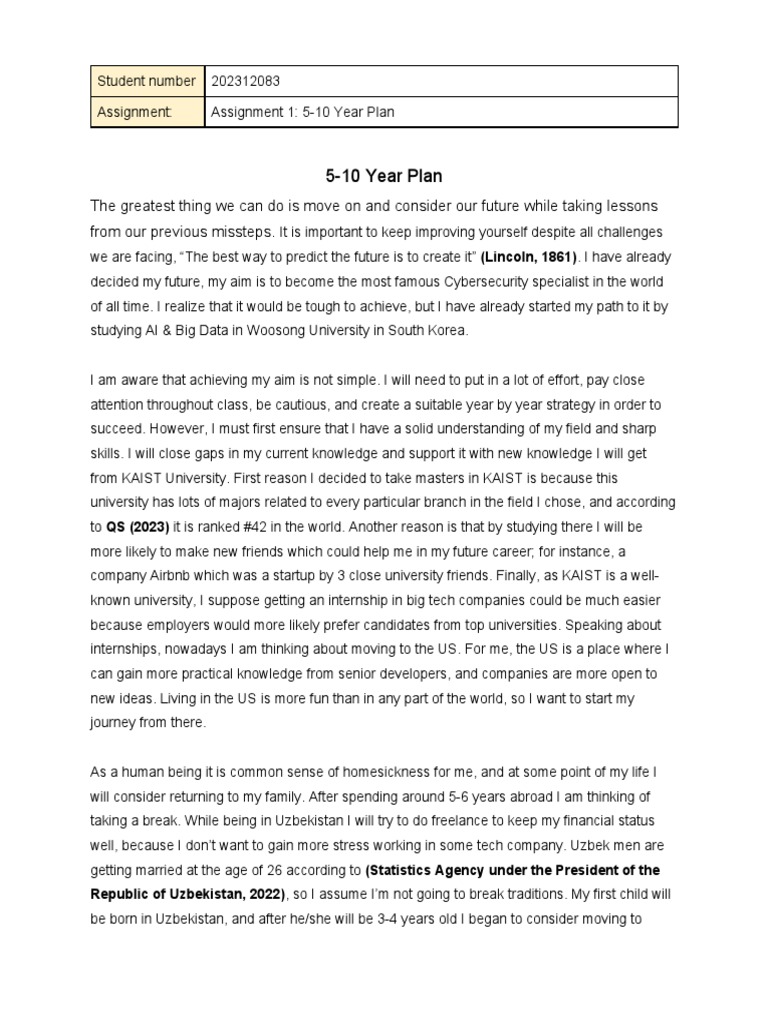 Копия Assignment 1 - 5-10 Year Plan (Template) | PDF