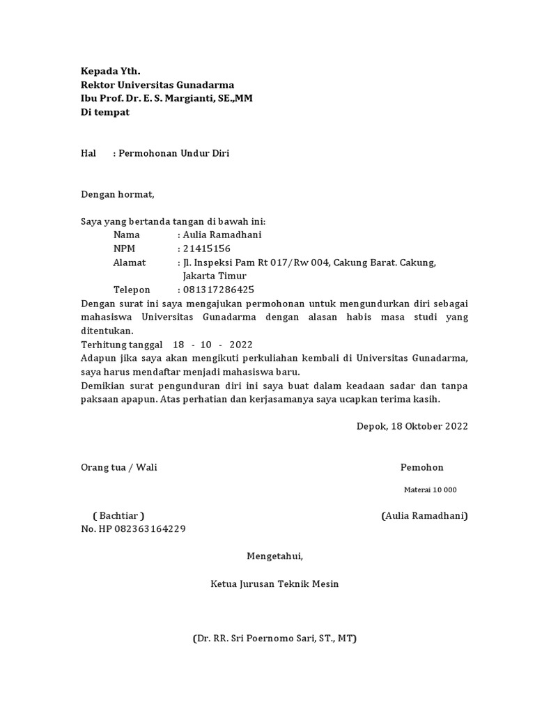 Form Surat Undur Diri Ke Rektor DONE | PDF