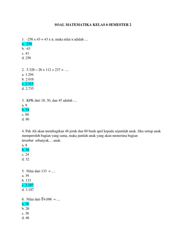 Soal Matematika Kelas 6 PDF | PDF