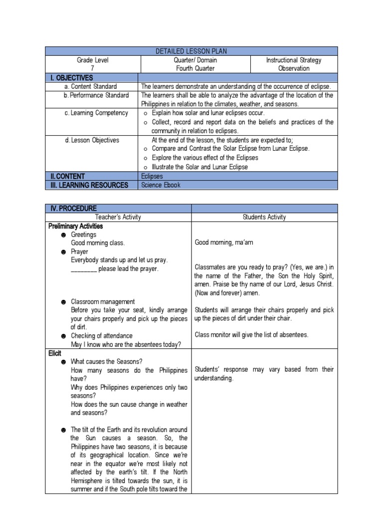 Grade 7 Eclipse Lesson Plan | PDF | Solar Eclipse | Earth
