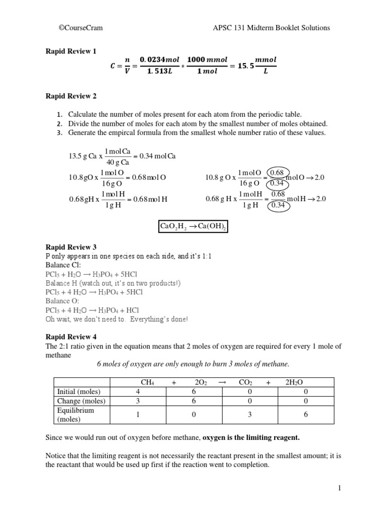 APSC 131 Midterm Booklet Solutions F21 FINAL | PDF | Mole (Unit) | Chemistry