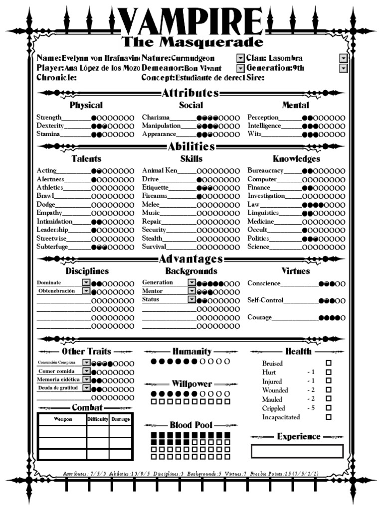 Editable Vampire Character Sheet (Ana) PDF | PDF | Role Playing Games ...