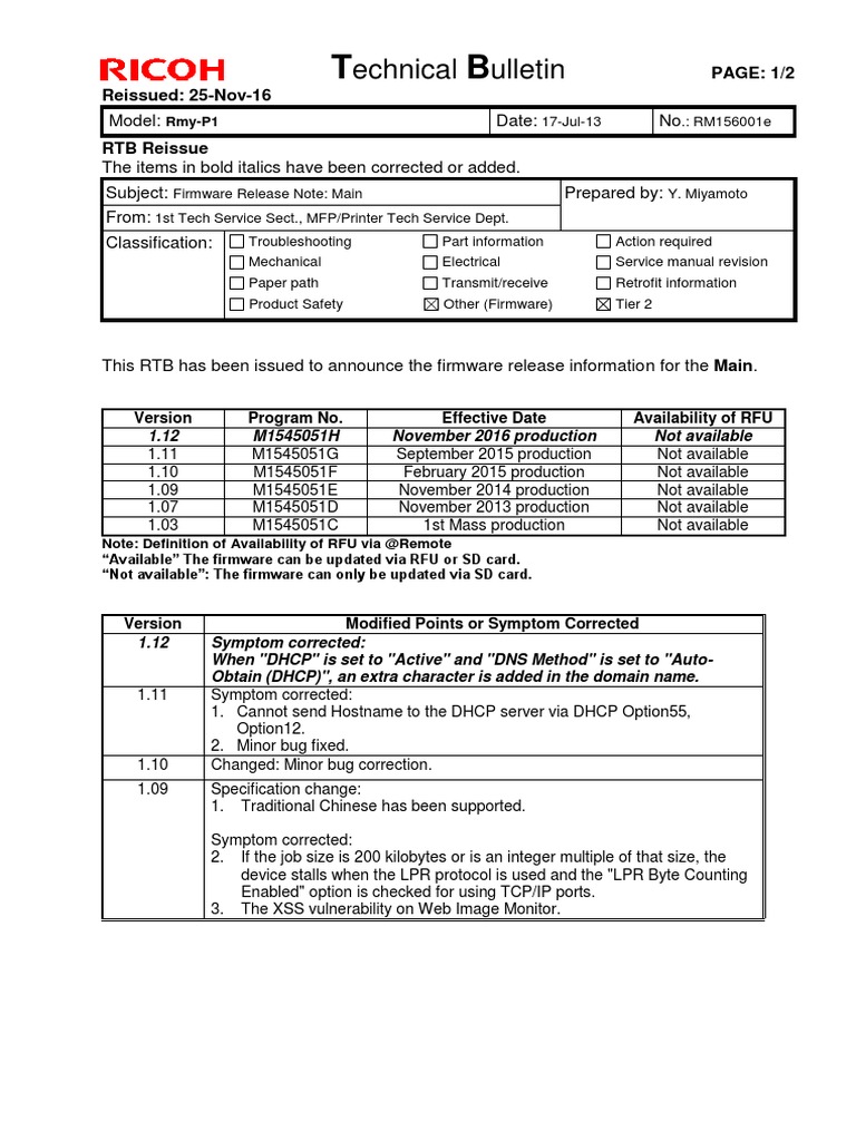 Firmware and Parts Update Notice for Taiwanese Models RMY-MF1 and RMY ...