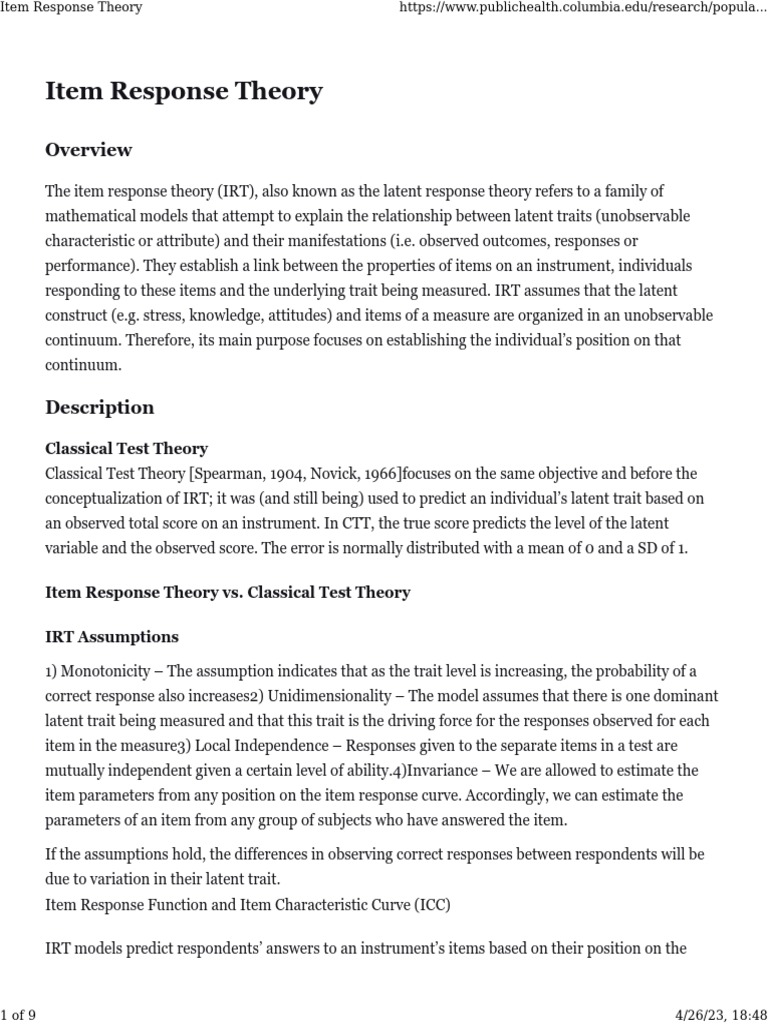 Understanding Item Response Theory (IRT) | PDF | Logistic Regression ...