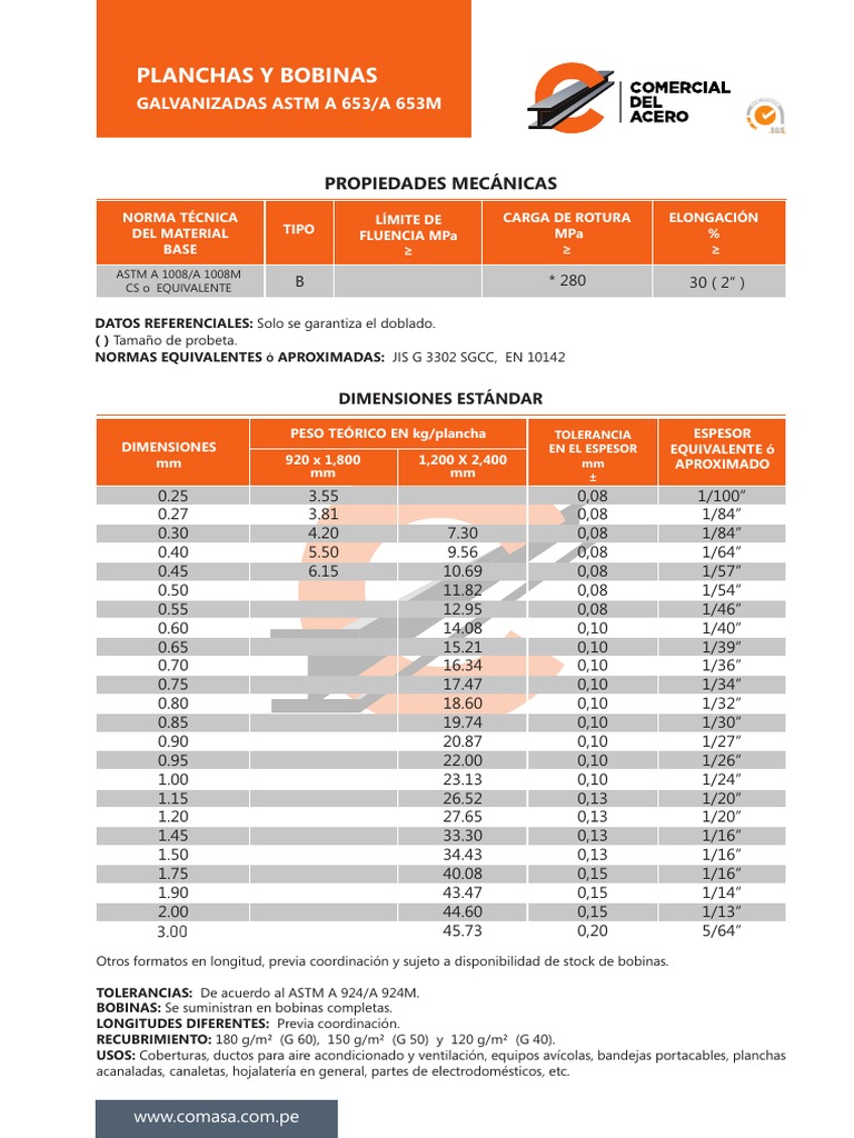 Catalogo Comasa Planchas y Bobinas Galvanizadas ASTM A 653 A 653M PDF | PDF